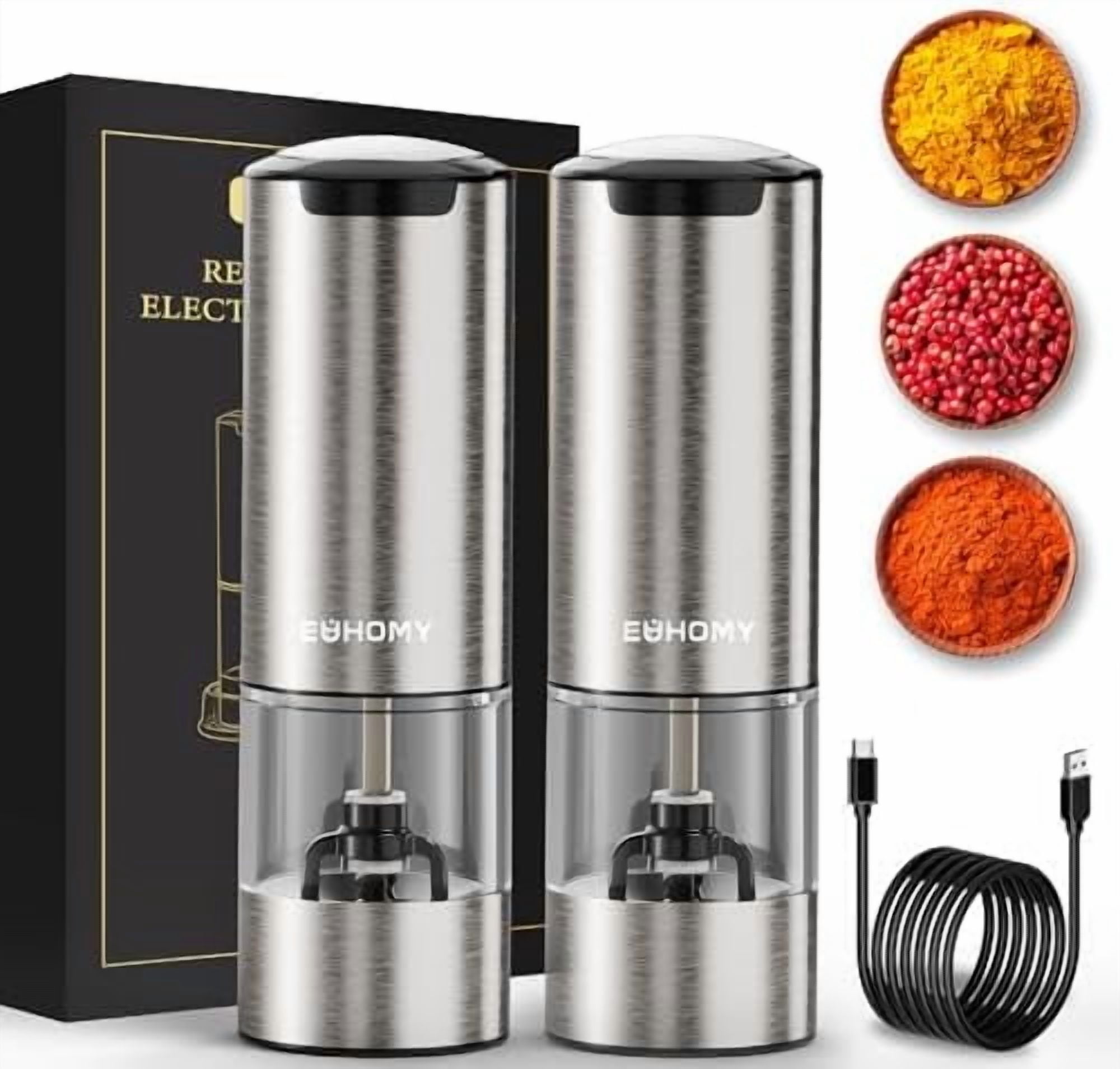 2 Pack Electric Salt and Pepper Grinder Set USB Rechargeable with LED ...