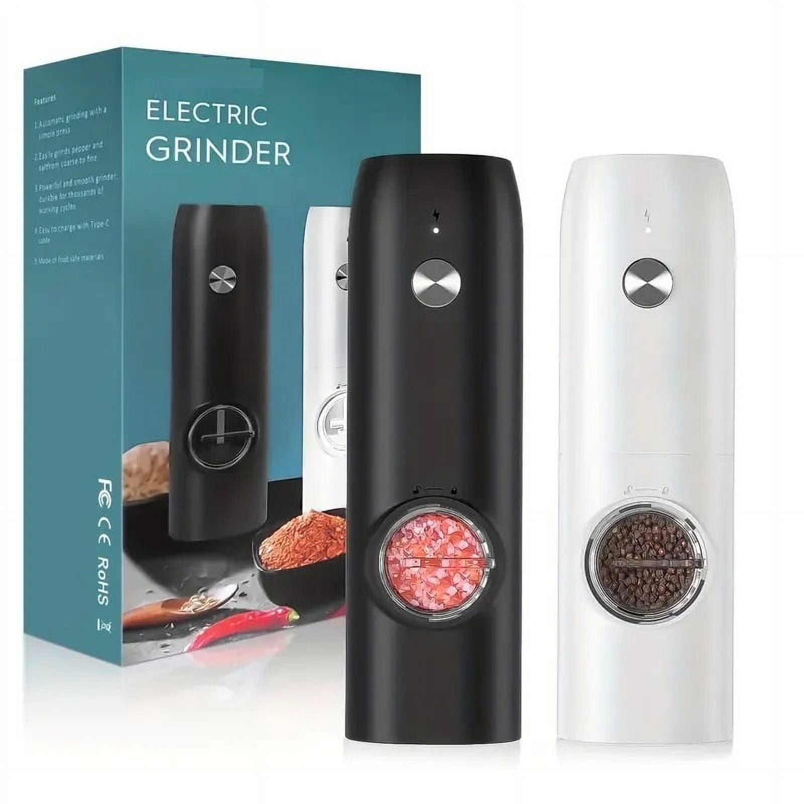 2 Pack Electric Salt and Pepper Grinder Set, USB Rechargeable One Hand ...
