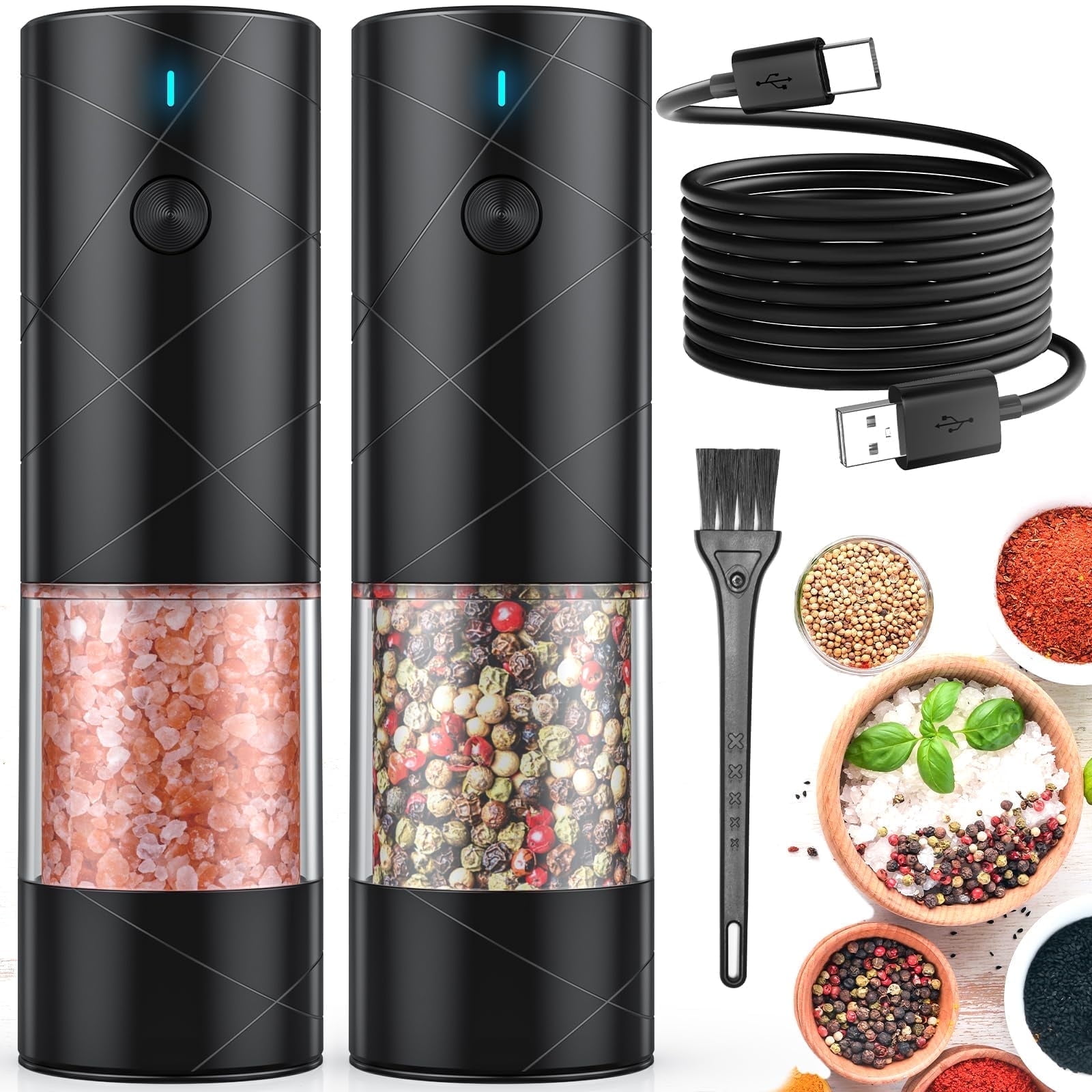 2 Pack Electric Salt and Pepper Grinder Set USB Rechargeable with Warm ...