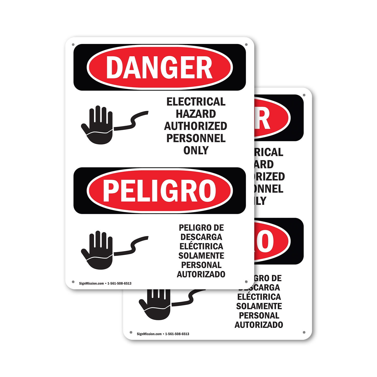 (2 Pack) Electrical Hazard Authorized Only Bilingual OSHA Danger Sign ...