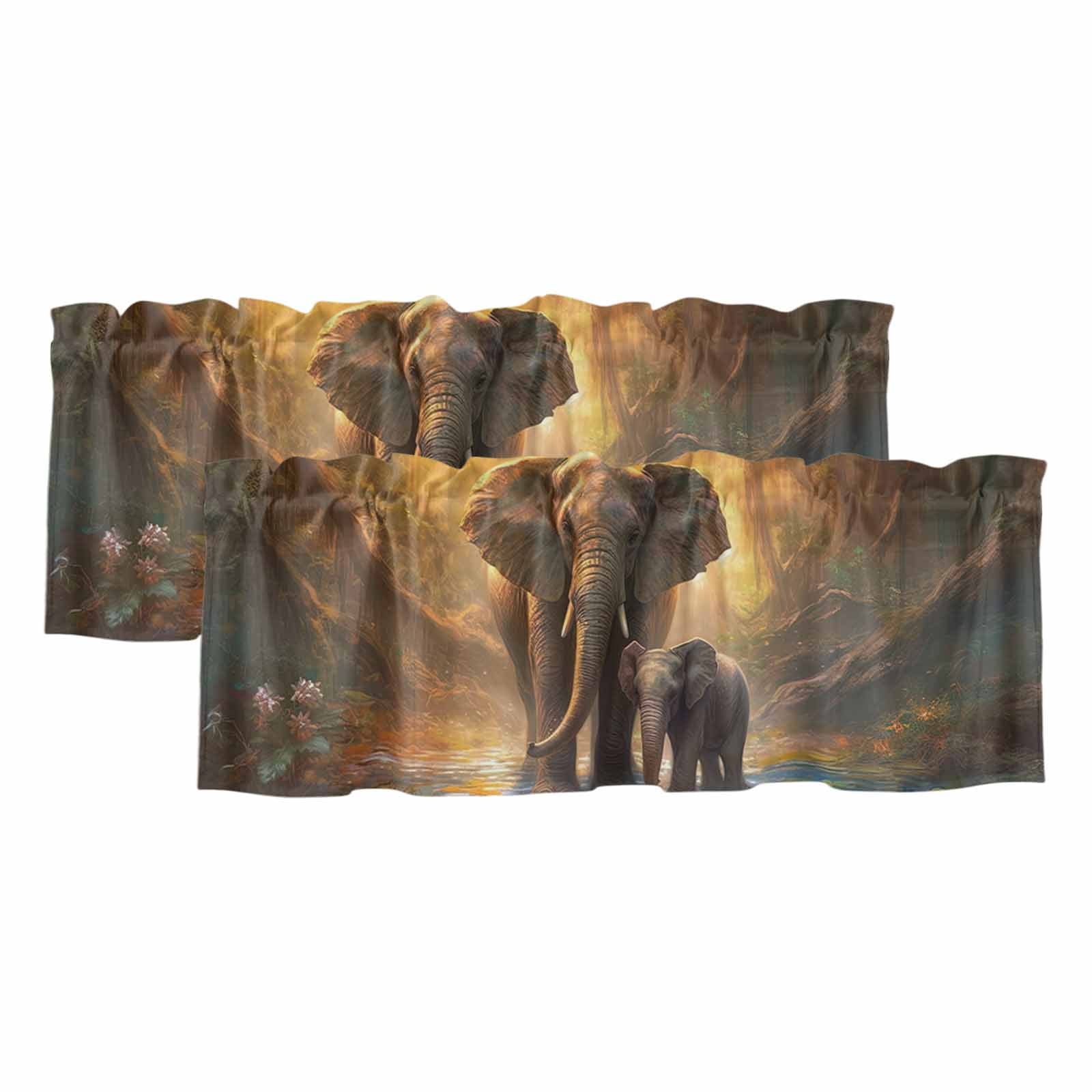 2 Pack Elephant Valance for Window Animal Forest River Yellow Oil ...