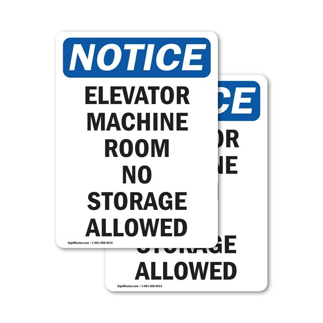 (2 Pack) Elevator Machine Room No Storage Allowed OSHA Notice Sign ...