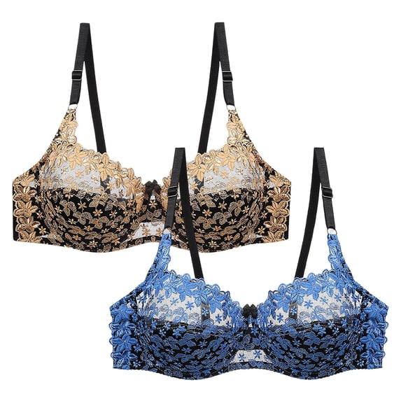 2-Pack Embroidered Lace Push Up Bras for Women Underwire Full Coverage ...
