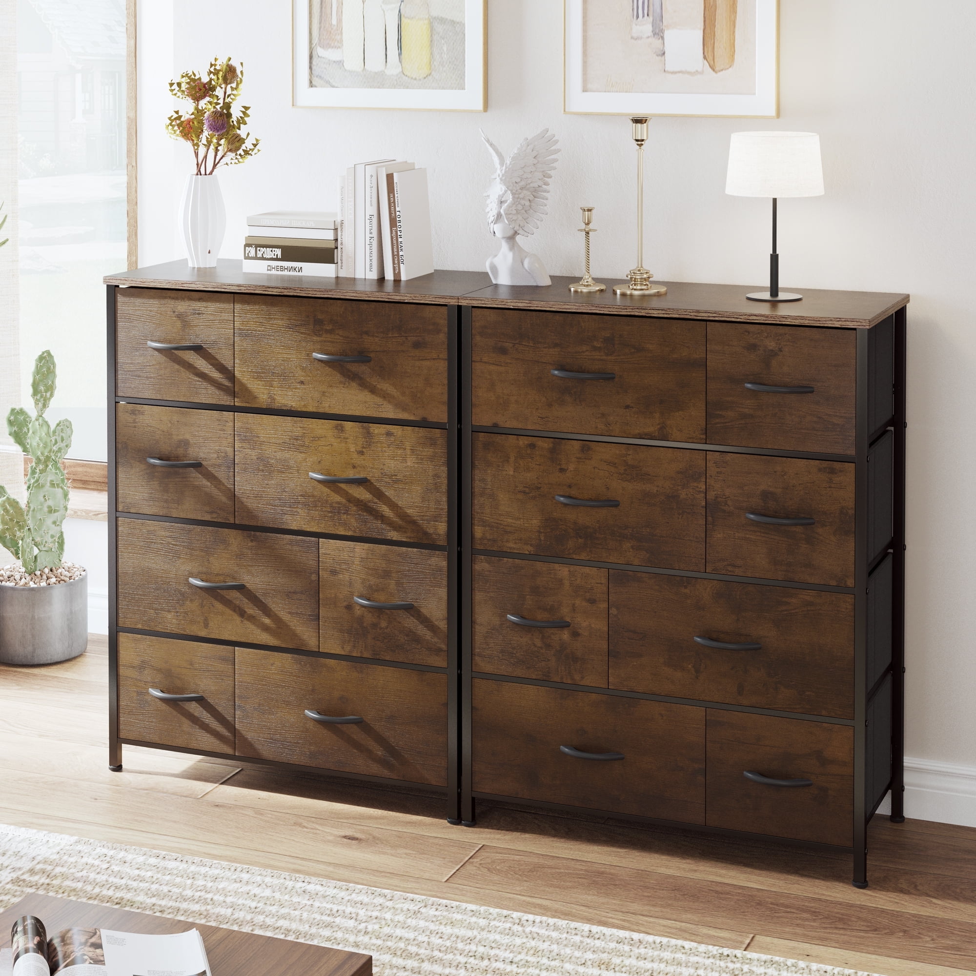 EnHomee 2 Pack 8 Drawer Dresser, Rustic Brown, Wooden Top, Fabric ...