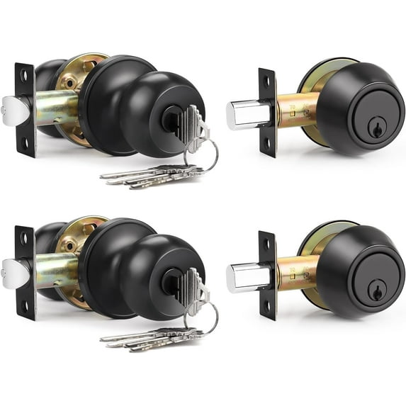 2 Pack Entry Door Knob Lockset and Single Cylinder Deadbolt Combination ...
