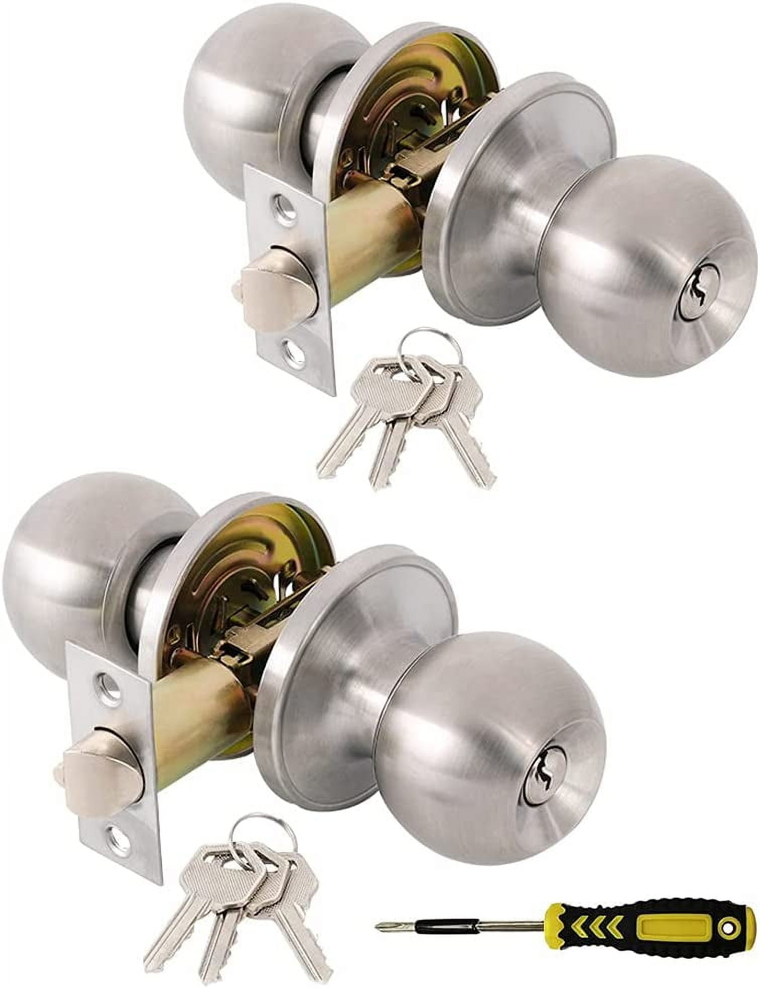 (2 Pack) Entry Door Knob with Lock and Keys, Exterior/Interior Door Locks with Screwdriver for ...