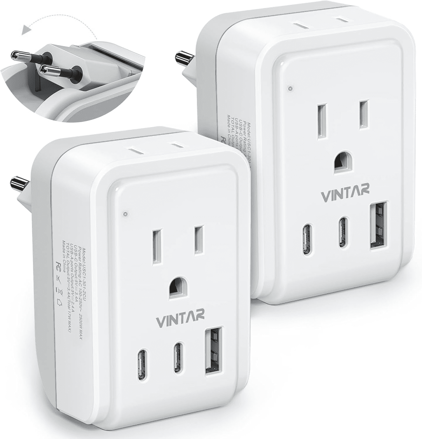 [2-Pack] VINTAR Foldable European Travel Plug Adapter with 2 AC 3 USB ...