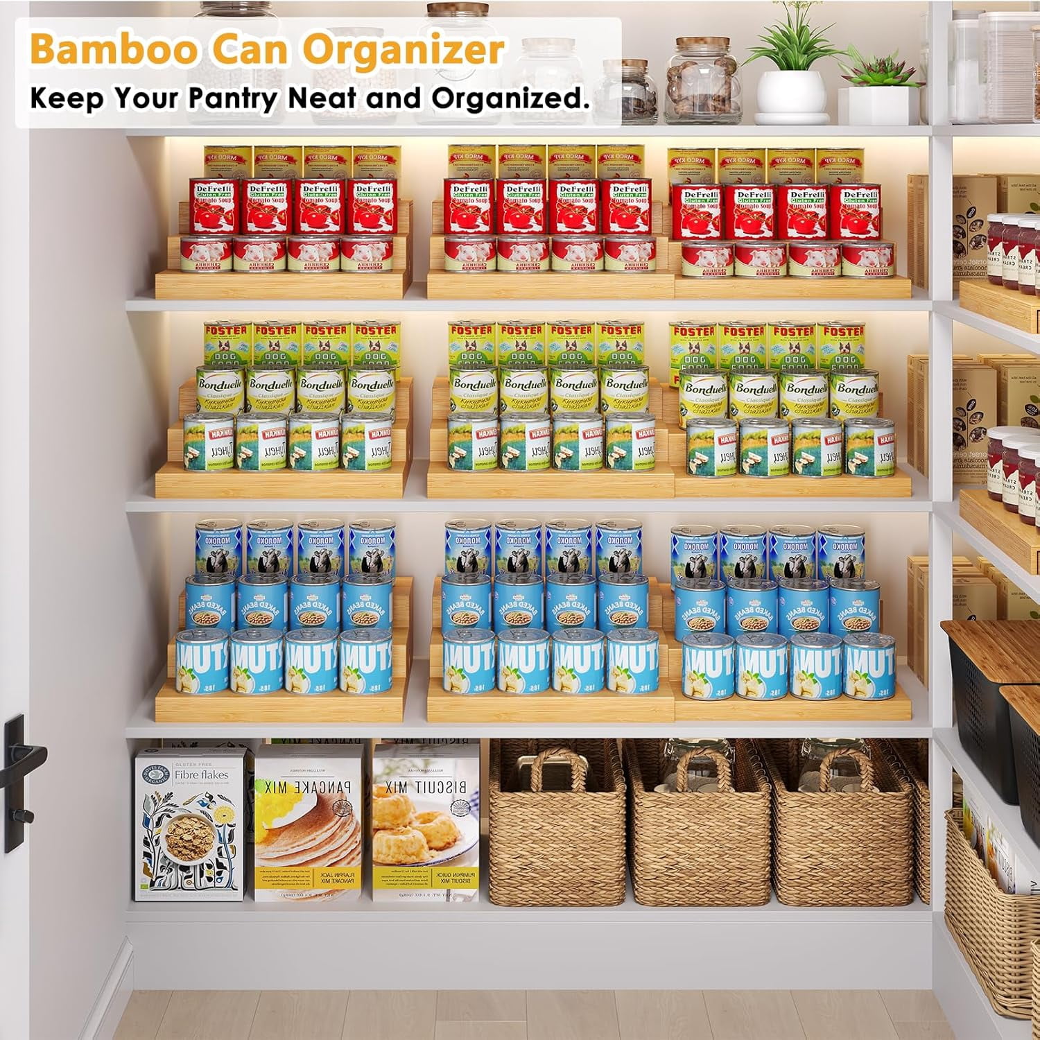 2-Pack Expandable Bamboo Can Rack Organizer for Pantry Display, 3-Tier ...