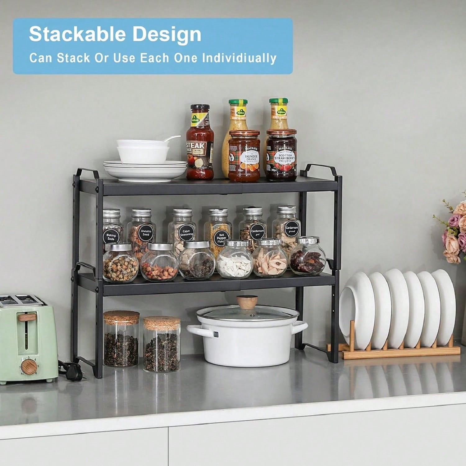 2 Pack Expandable Cabinet Countertop Shelves, Stackable Shelves ...