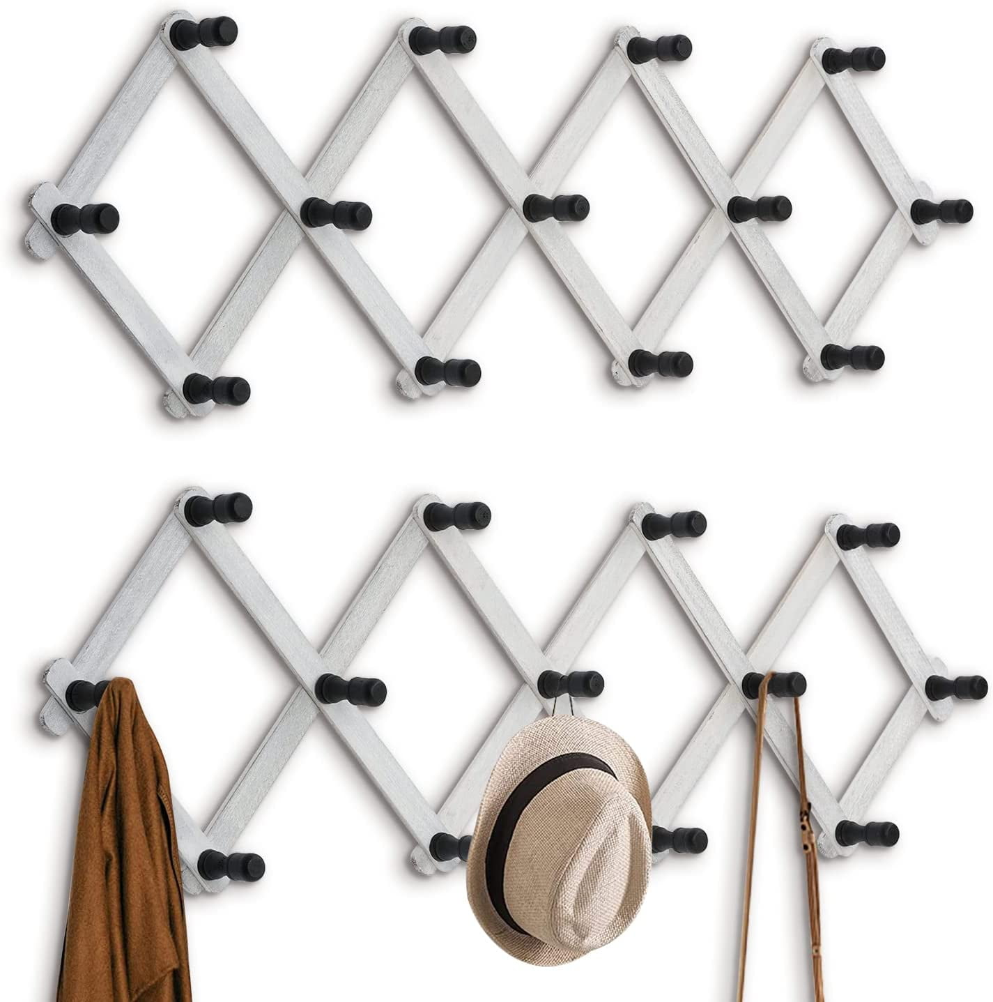 2 Pack Expandable Coat Rack, Accordion Wall Hanger, Wooden Hat Rack ...