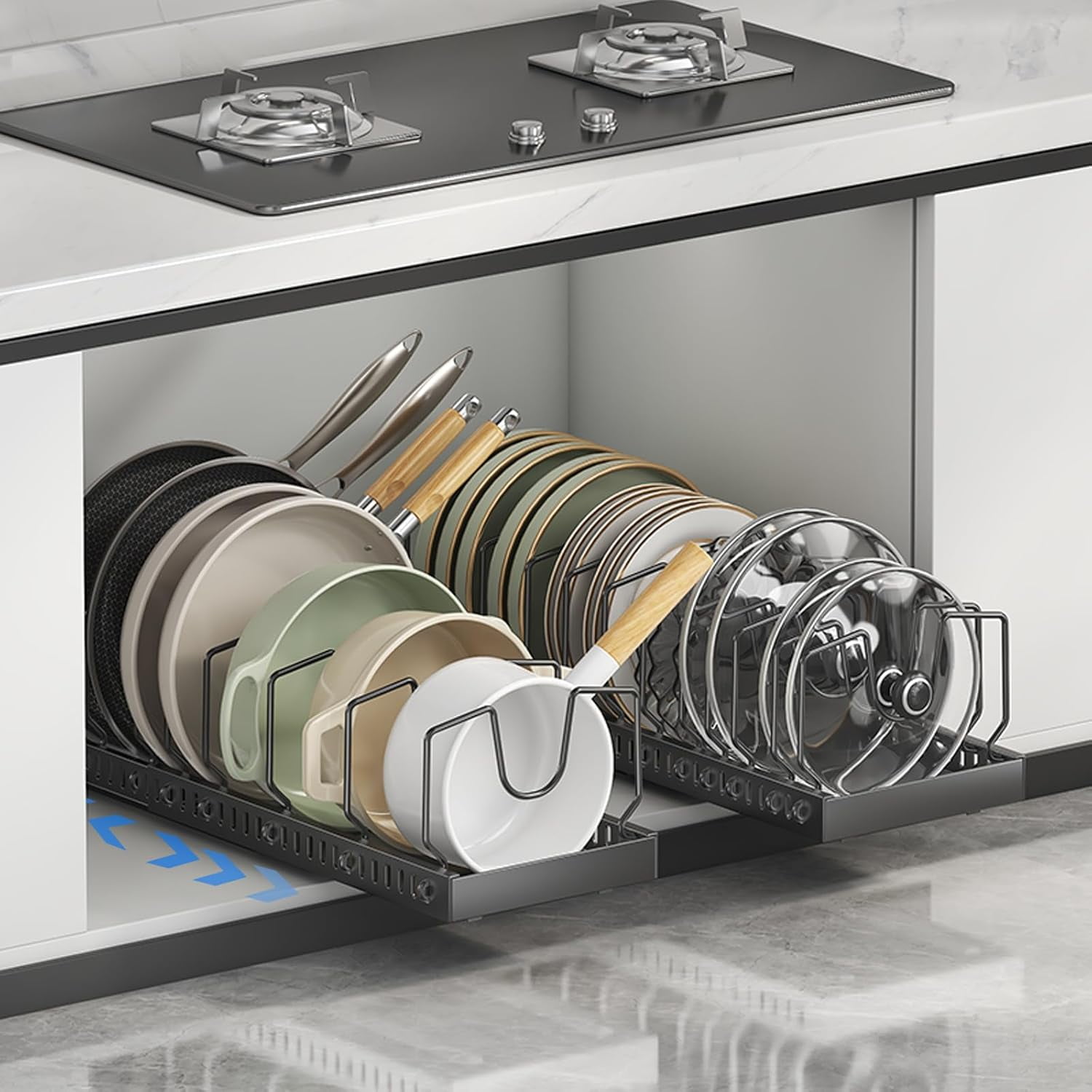 2 Pack Expandable Pots and Pans Organizer Under Cabinet, Sliding Pot ...