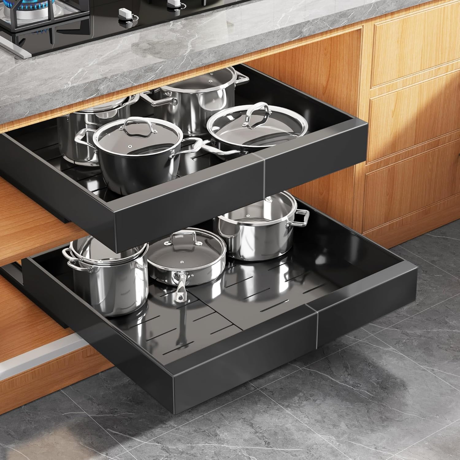 2 Pack Expandable Pull Out Cabinet Organizer 16.5"Deep With Raising Pad ...