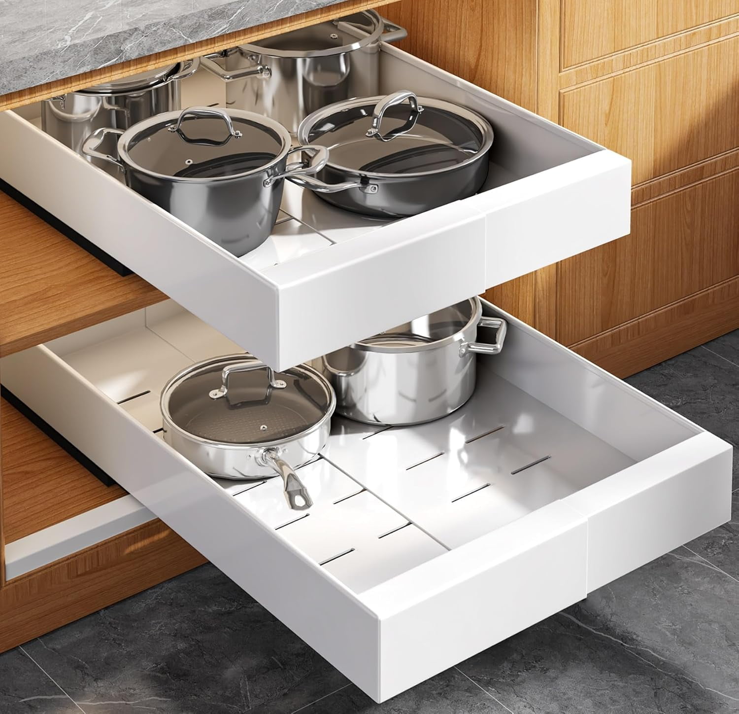 2 Pack Expandable Pull Out Cabinet Organizer 21" Deep With Raising Pad ...