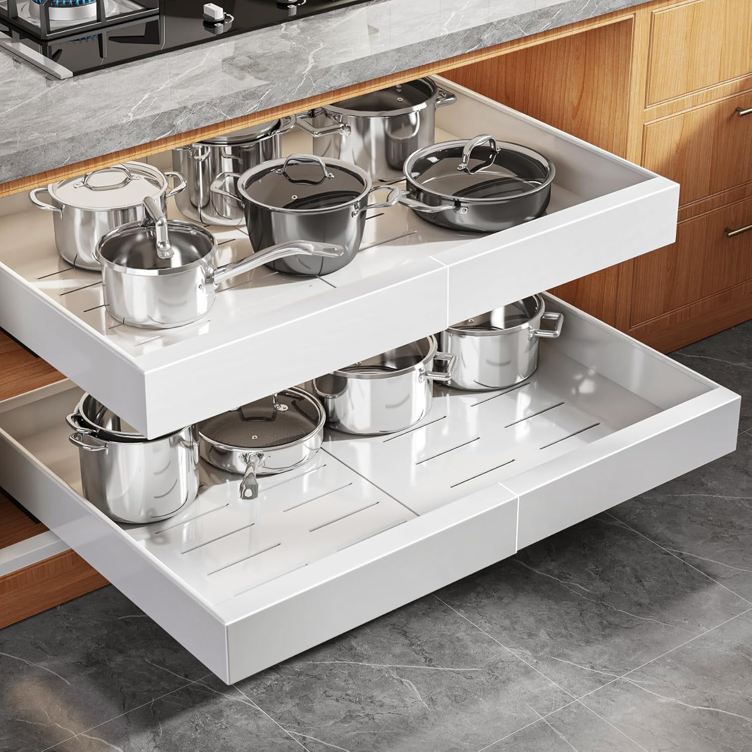 2 Pack Expandable Pull Out Cabinet Organizer 21"Deep With Raising Pad ...