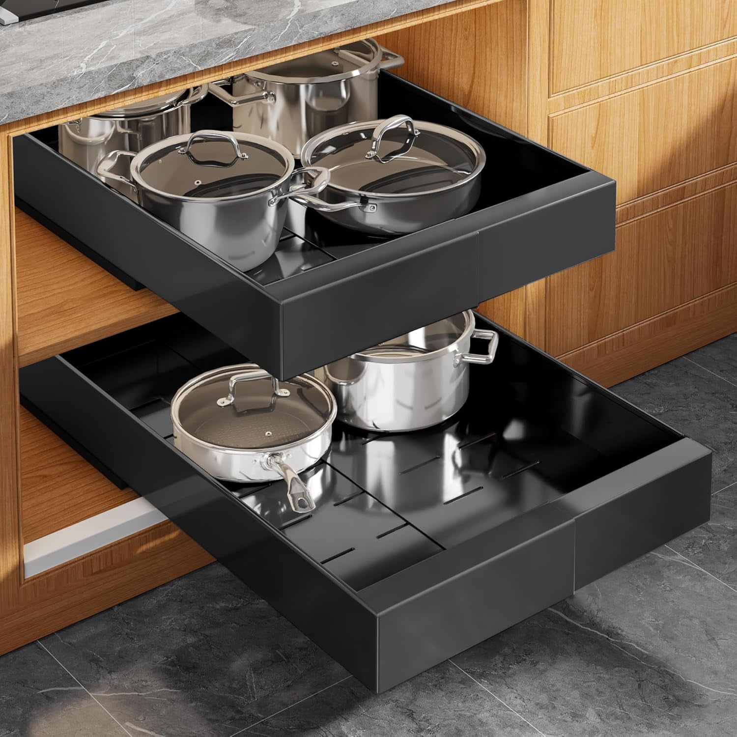 2 Pack Expandable Pull Out Cabinet Organizer 21" Deep with Raising Pad ...