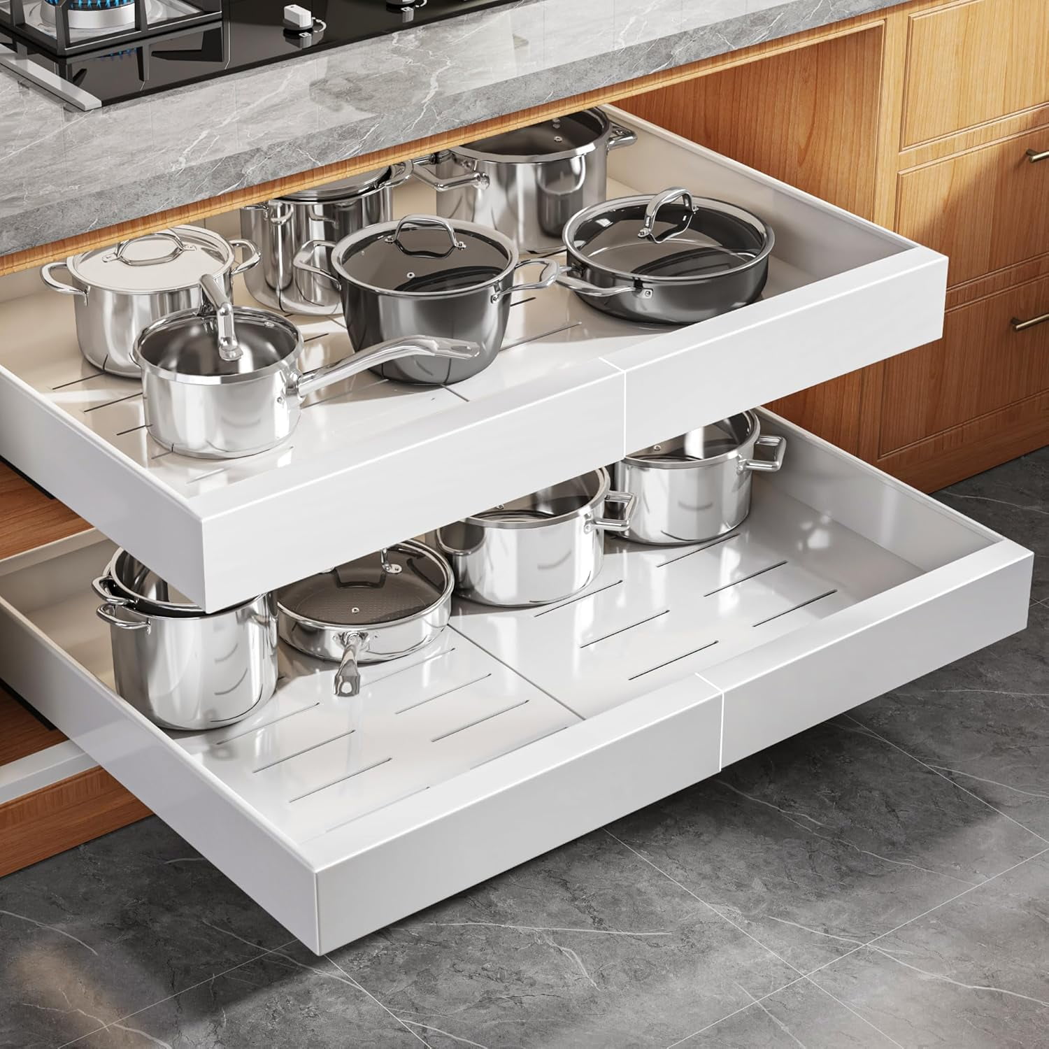 2 Pack Expandable Pull Out Cabinet Organizer 21"Deep With Raising Pad ...