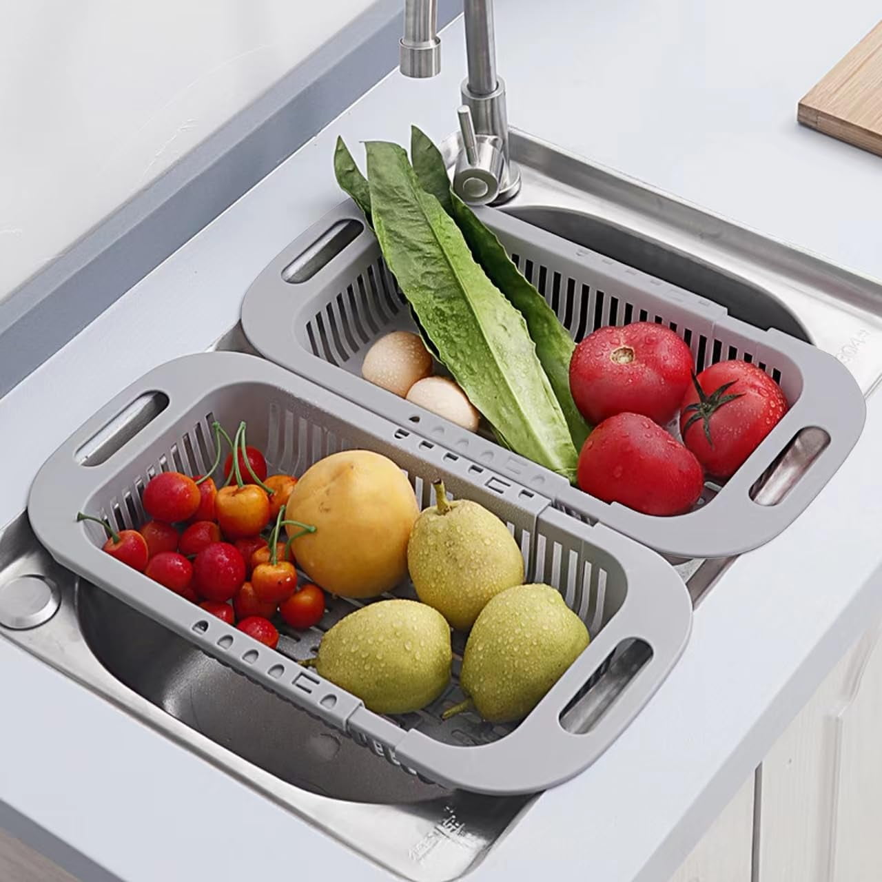 2 Pack Extendable Over the Sink Colander Fruits and Vegetables Washing ...