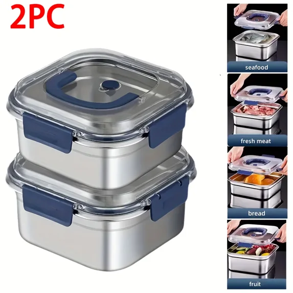 2-Pack Extra-Large Stainless Steel Food Storage Containers With Blue ...