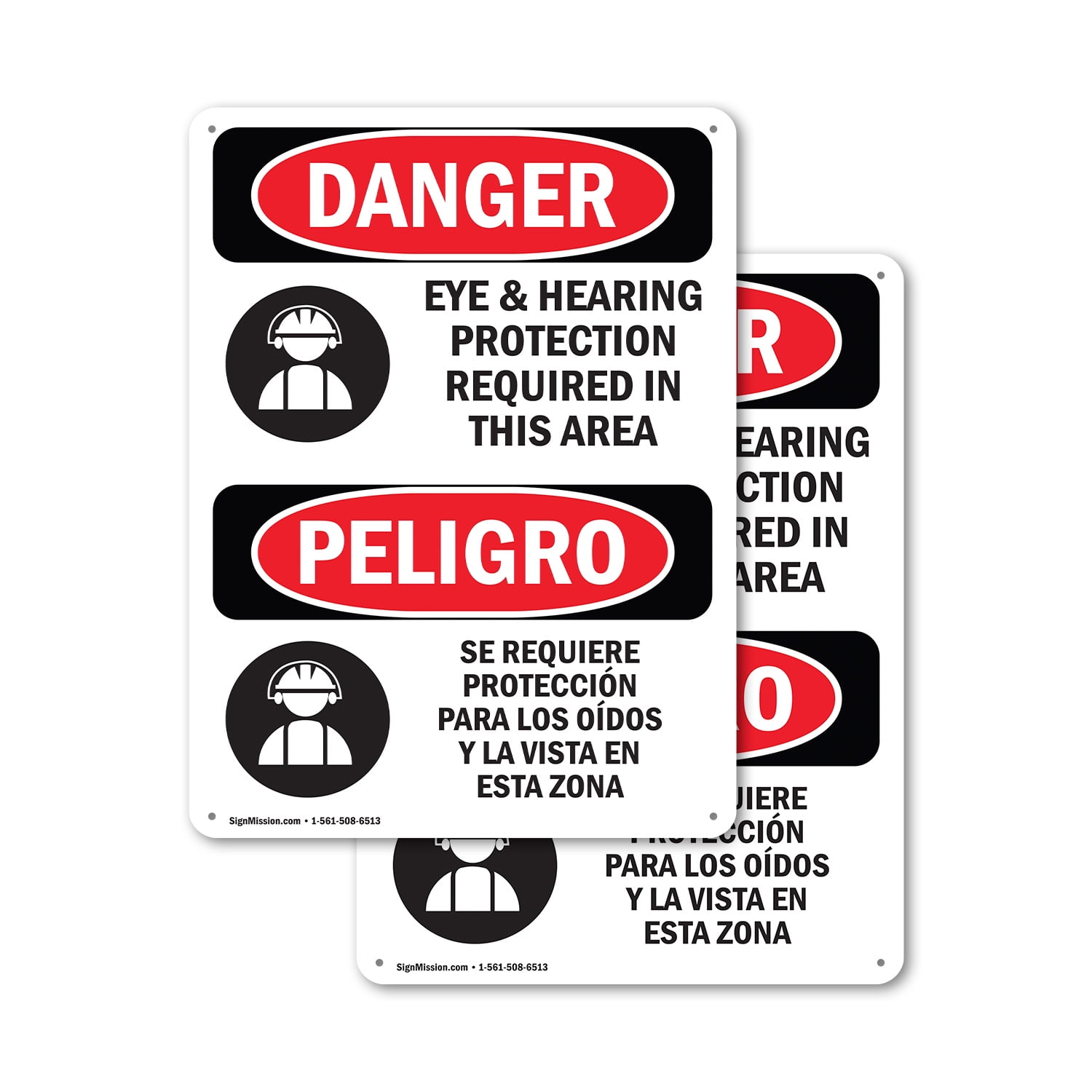 (2 Pack) Eye And Hearing Protection Required Bilingual OSHA Danger Sign ...