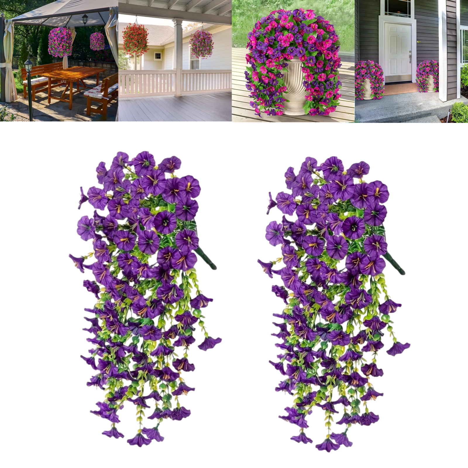 2 Pack Fake Silk Hanging Flowers Outdoor UV Resistant Morning Glory Trailing Vines for Porch ...