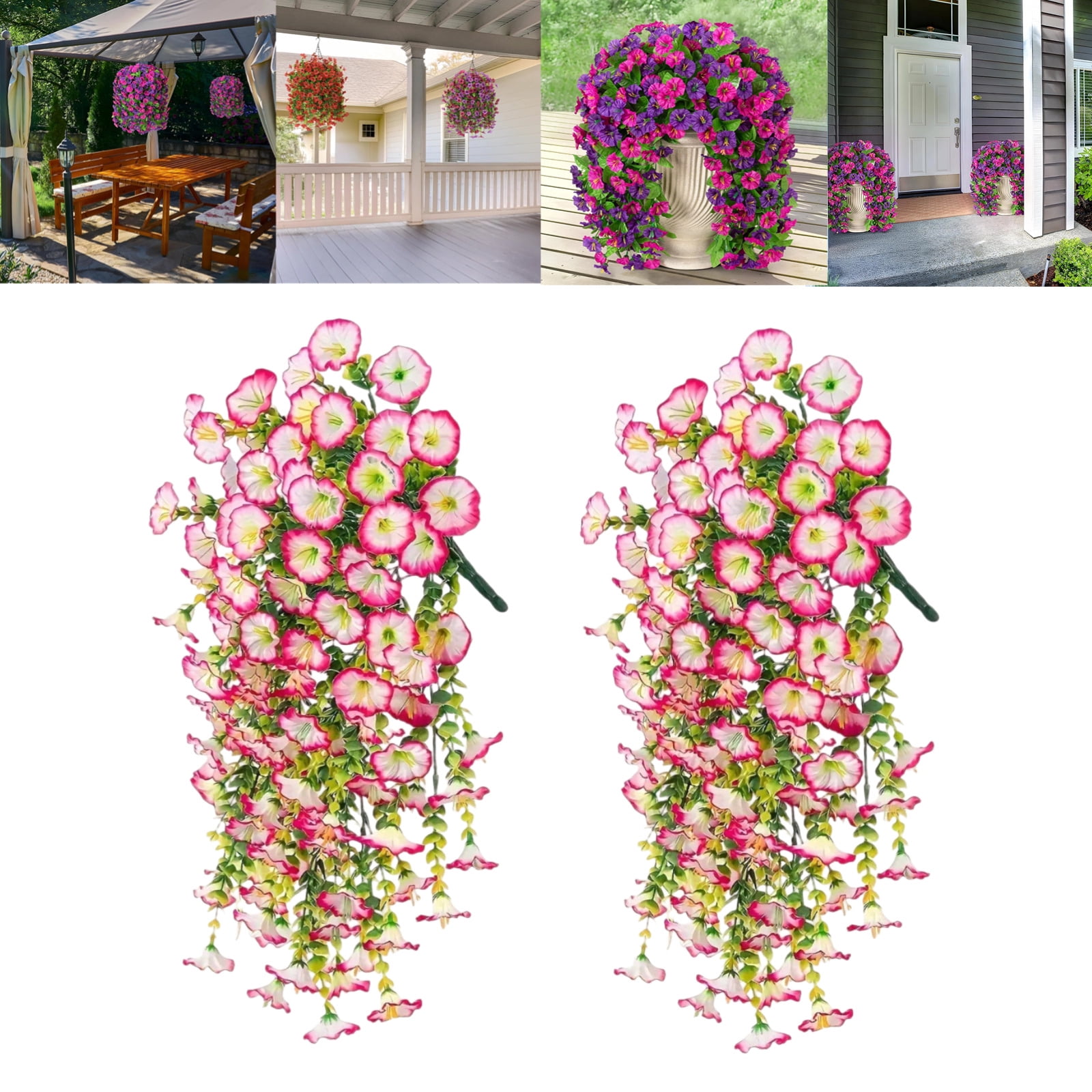 2 Pack Fake Silk Hanging Flowers Outdoor UV Resistant Morning Glory Trailing Vines for Porch ...