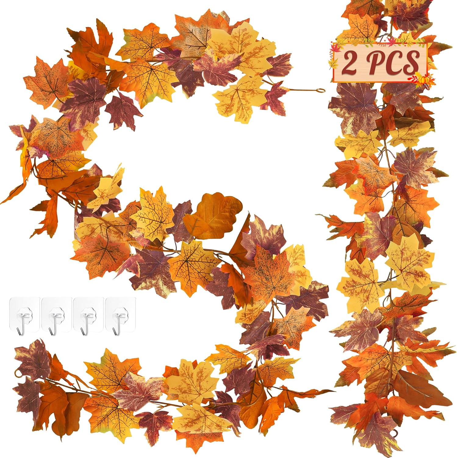 2 Pack Fall Garland, 11.8 FT Fall Garland for Mantle with 4 Hooks ...