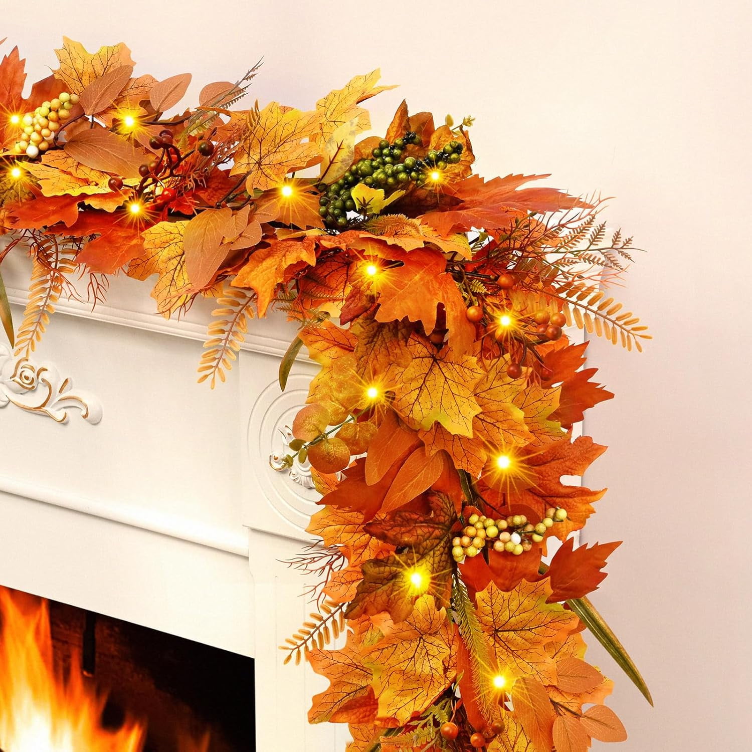 2 Pack Fall Garland for Mantle, 11.8Ft Fall Leaves Garland with Lights ...
