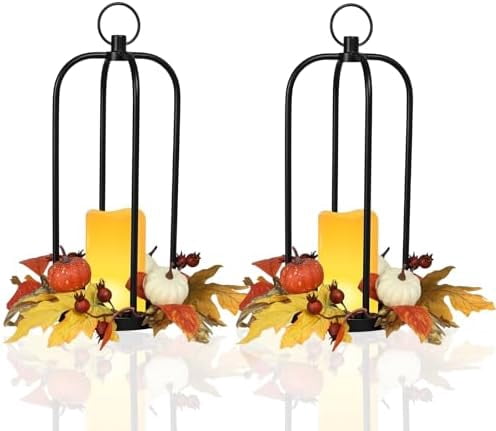 2 Pack Fall Lantern Decor with LED Candle – 14 Inch Harvest Pumpkin ...