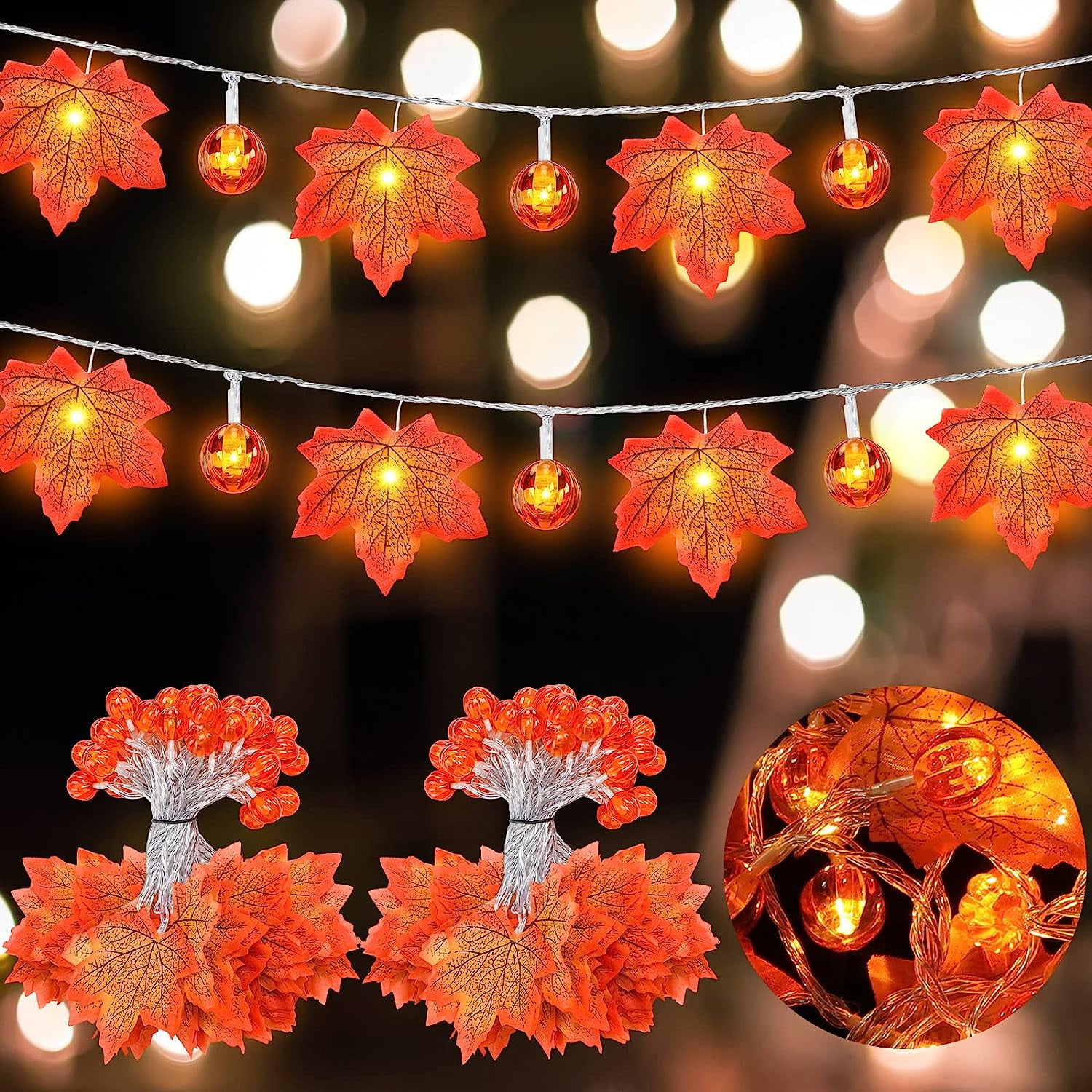 2 Pack Fall Maple Leaves String Lights Thanksgiving Decorations ...