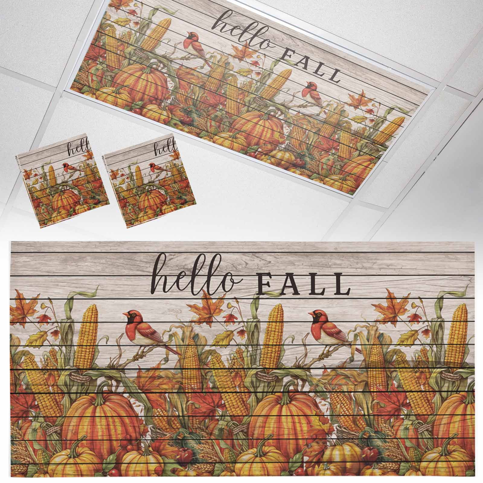 2 Pack Fall Red Fluorescent Light Covers for Ceiling Lights Bird Farmhouse Style Pumpkin Corn ...