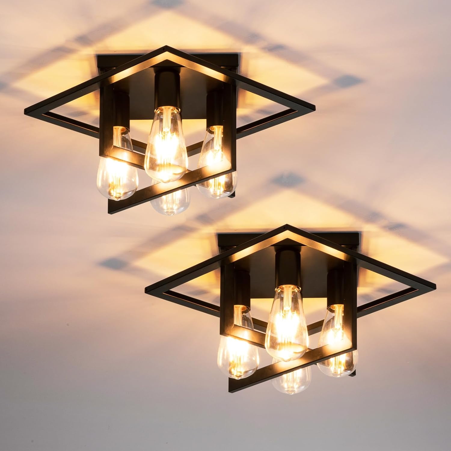 2 Pack Farmhouse Lighting Fixtures Black 4 Light Flush Mount with ...