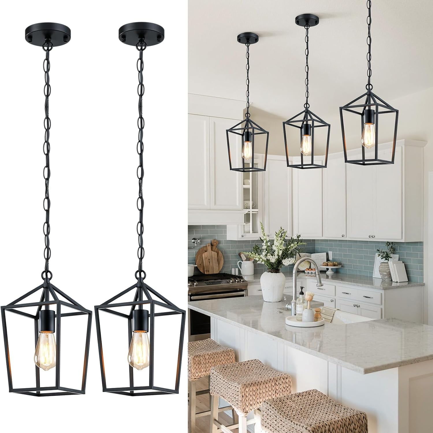 2-Pack Farmhouse Pendant Lights Kitchen Island, Black Pendant Light ...