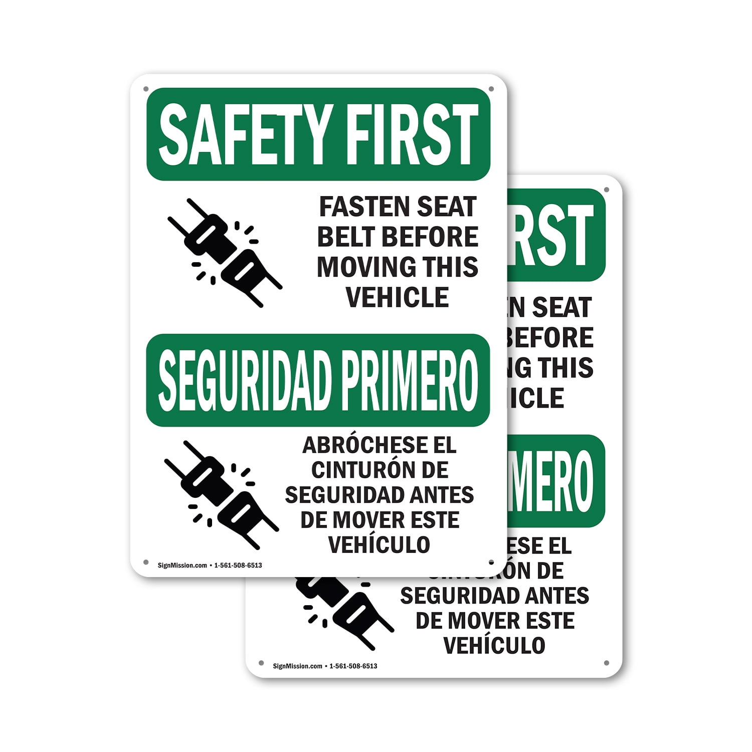 (2 Pack) Fasten Belt Moving Vehicle Bilingual OSHA Safety First Sign 10 ...