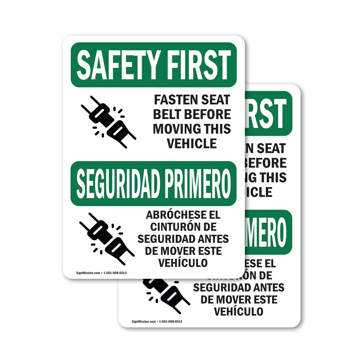 (2 Pack) Fasten Belt Moving Vehicle Bilingual OSHA Safety First Sign ...