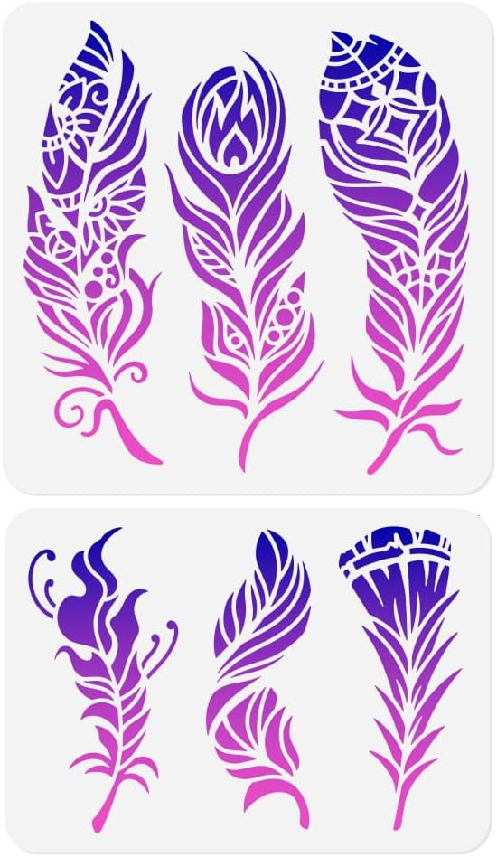 2 Pack Feathers Stencils for Painting Reusable Plastic Feather Stencil for Painting on Wall Wood ...