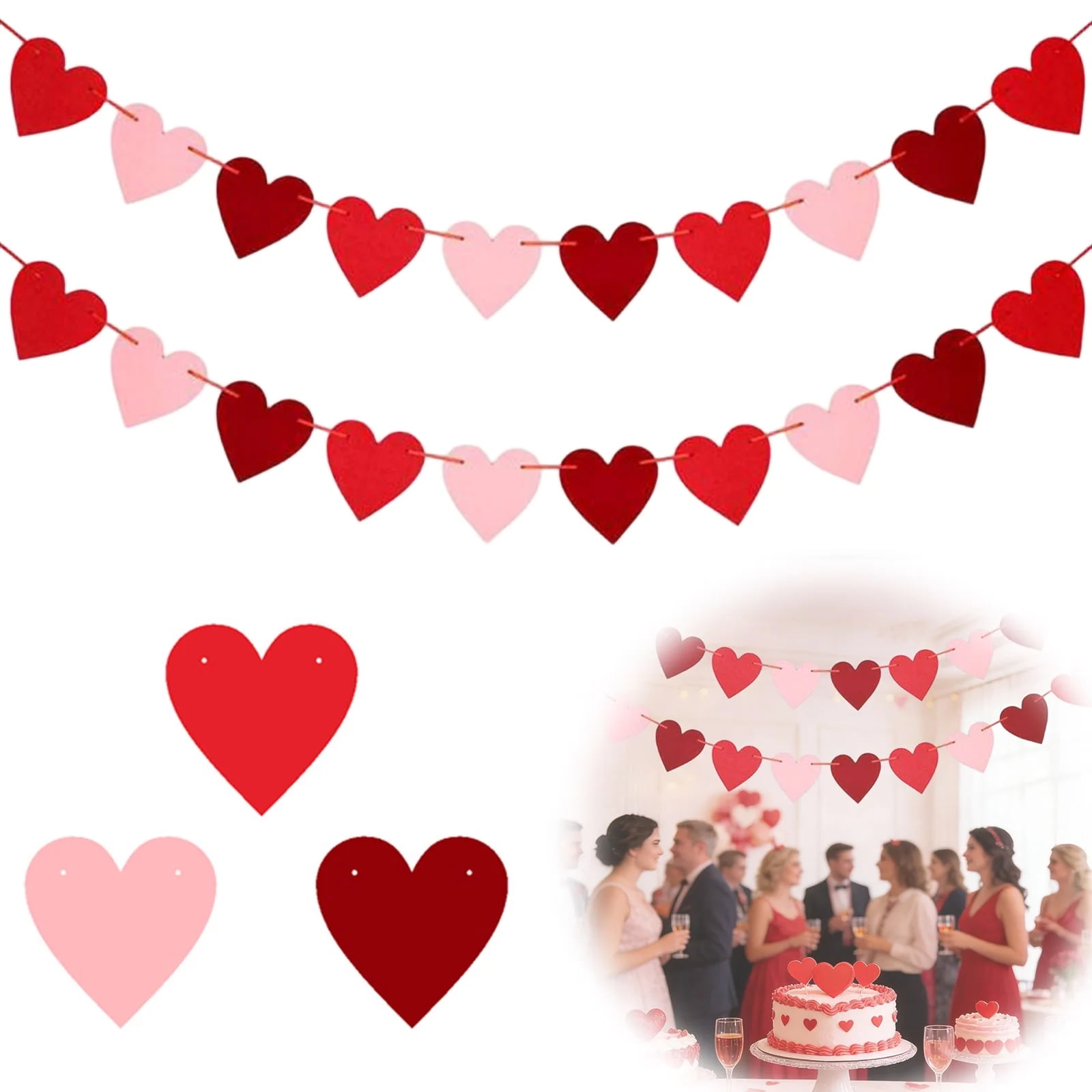 2 Pack Felt Heart Garland Banner, Pre-Strung | Valentines Decorations ...