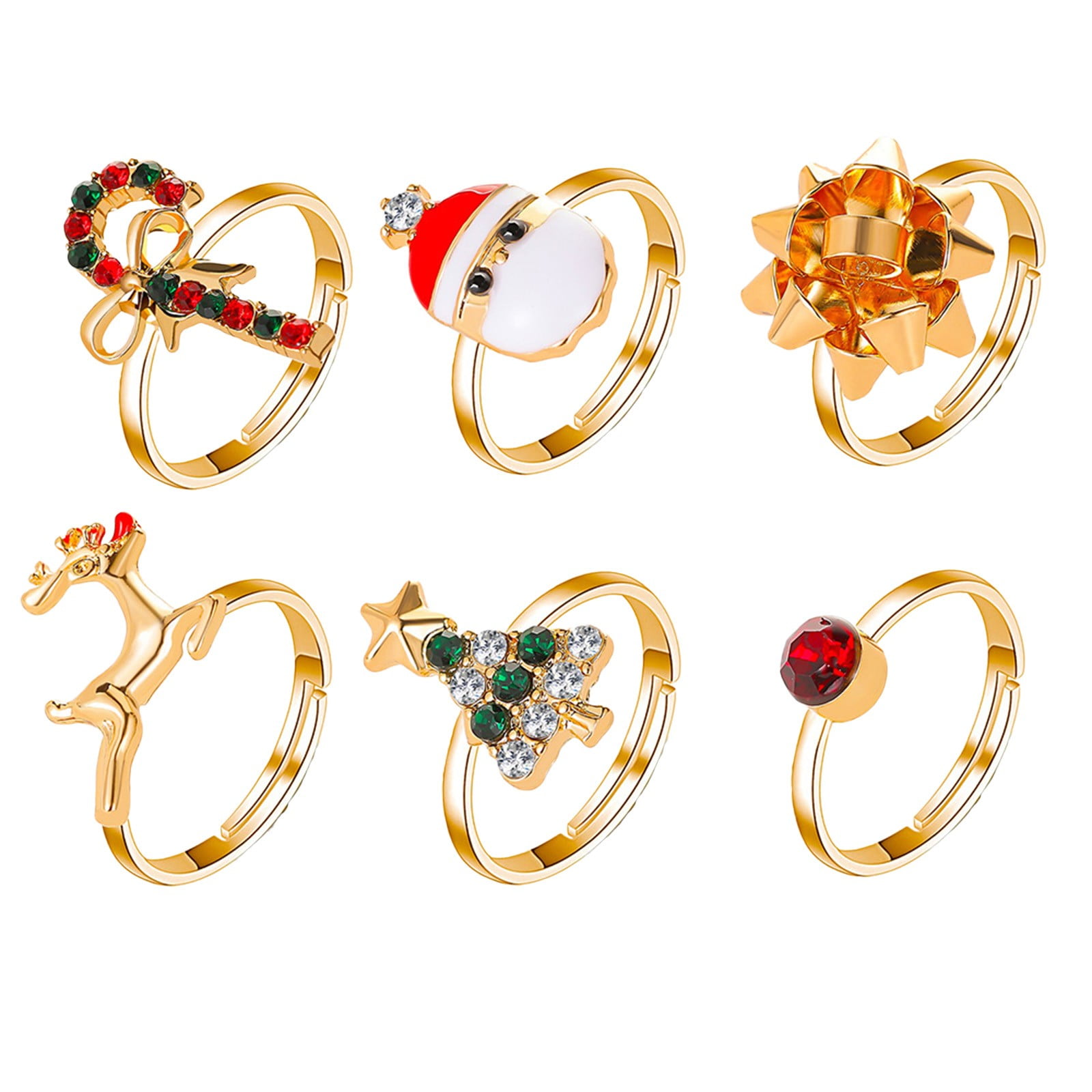 (2 Pack) Festive Holiday Rings Set for Women - 6 Pcs Christmas Rings ...