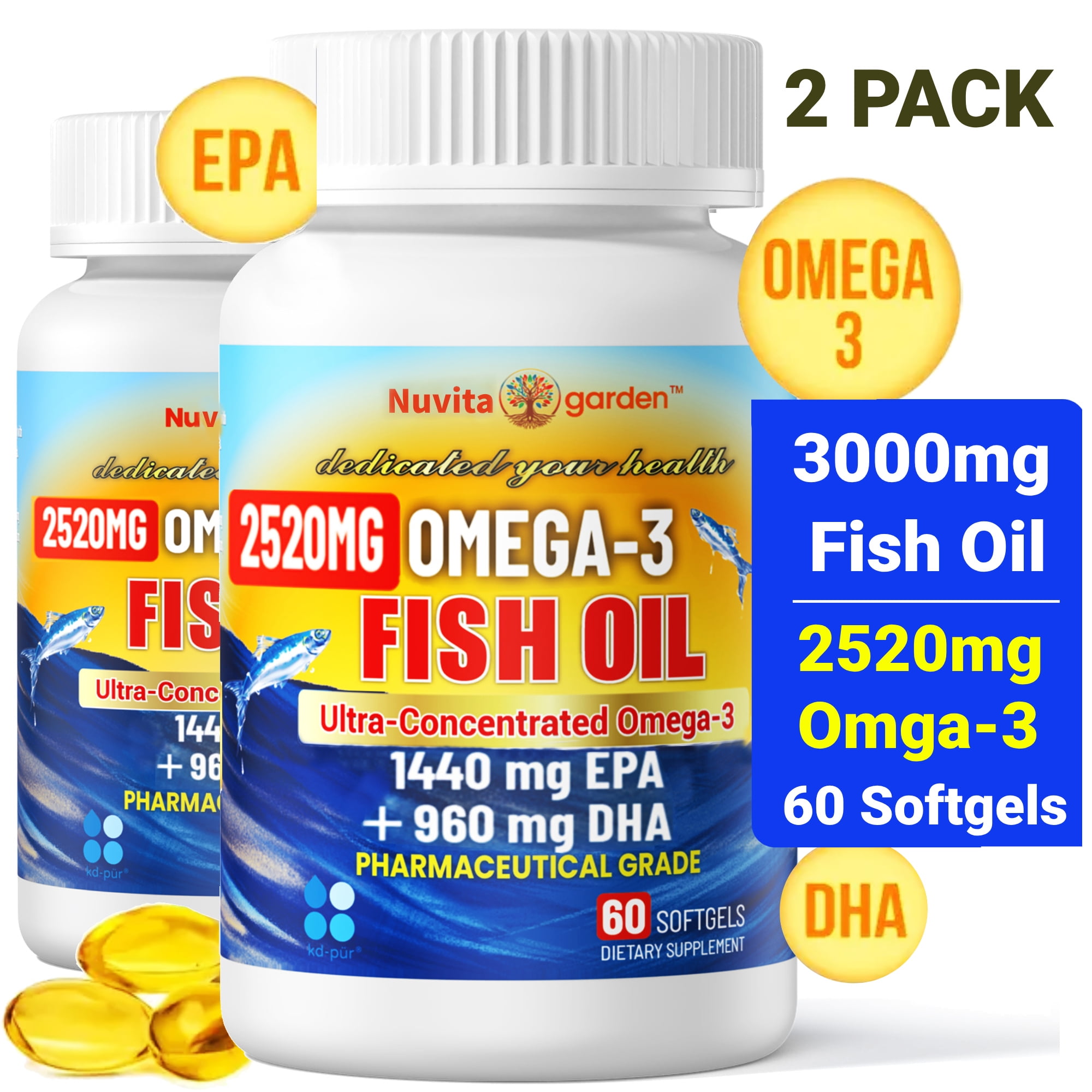 (2 Pack) Fish Oil 3000 mg, 60 Softgels (3 per Serving), High EPA and ...