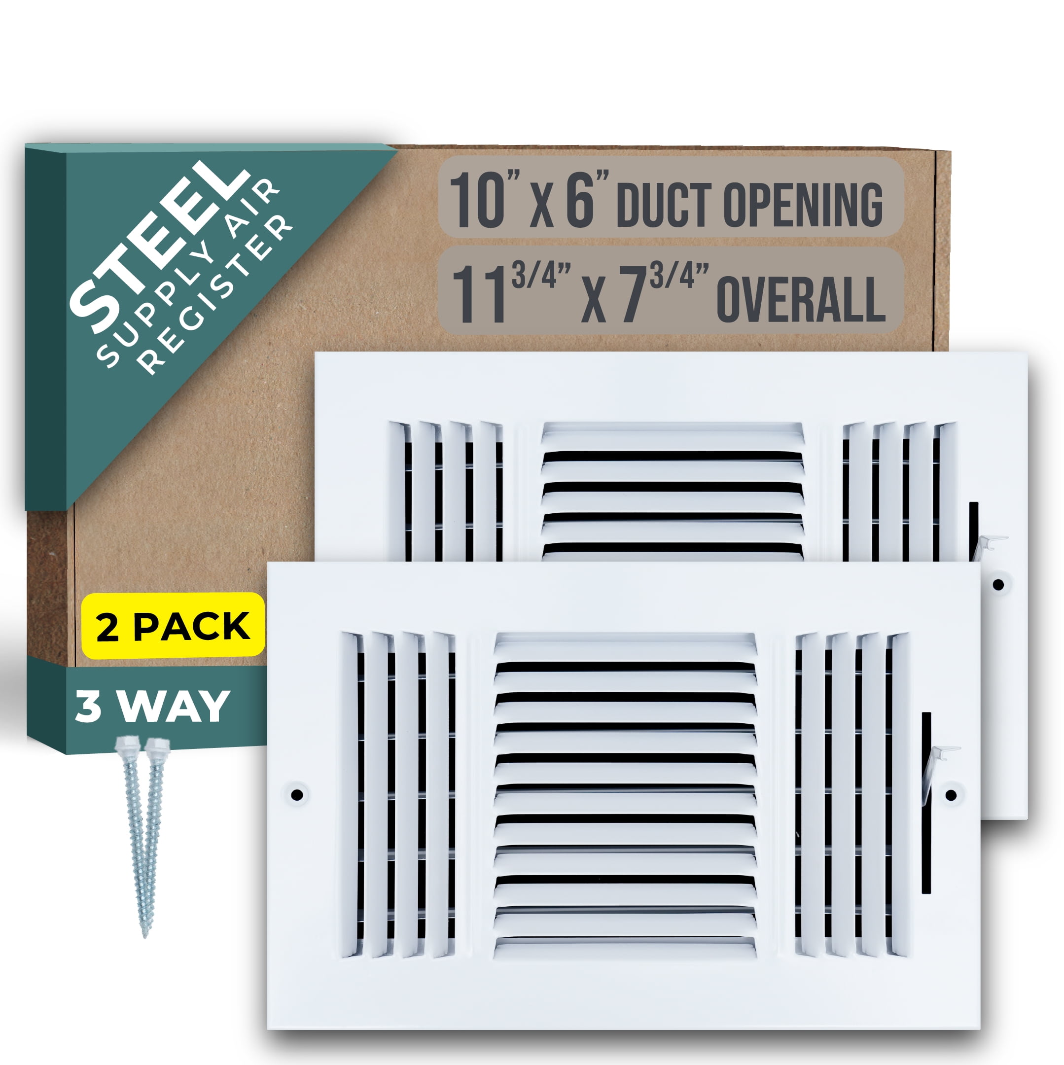 [2 Pack] Fits 10x6 Duct Opening 3 WAY Steel Air Supply Diffuser by ...