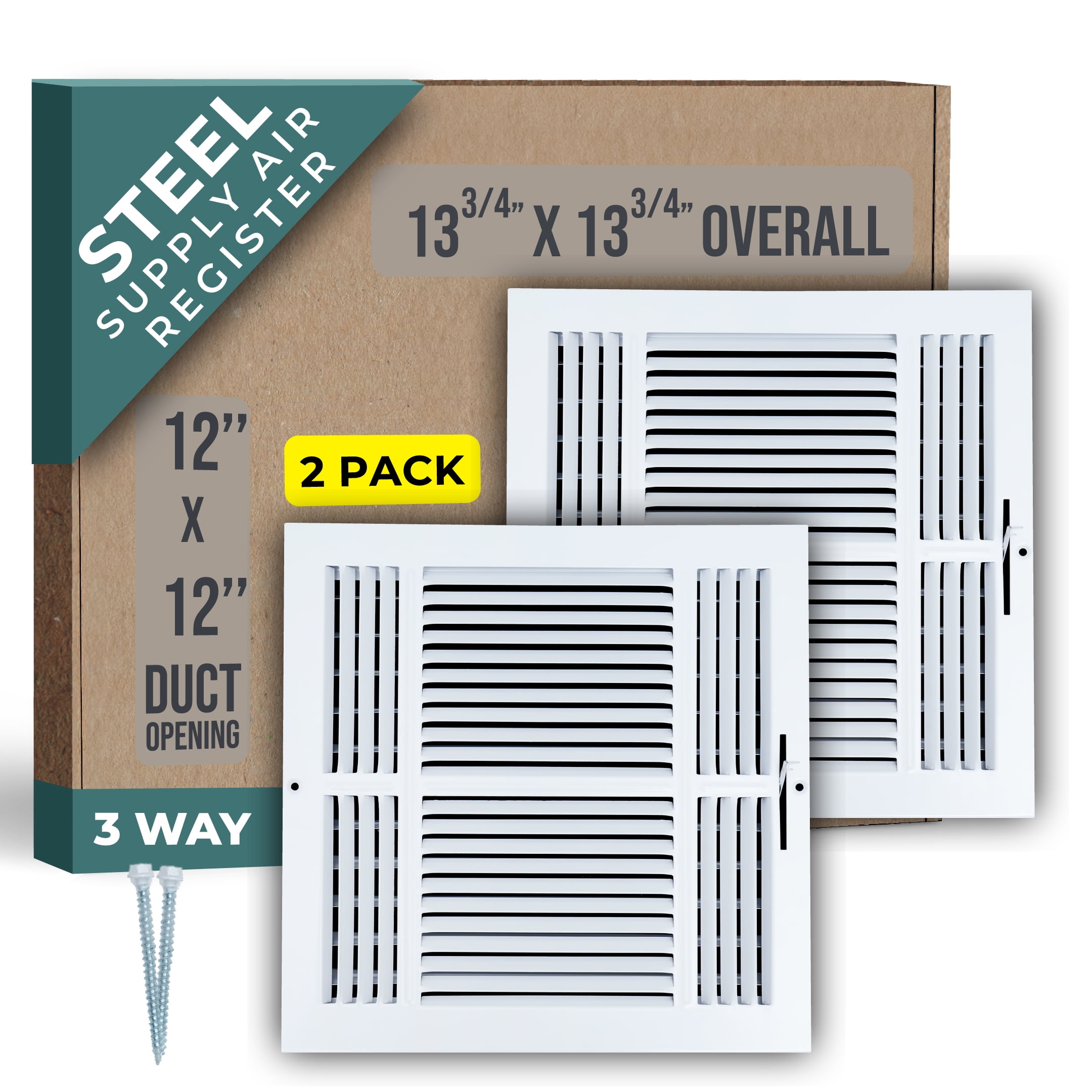 [2 Pack] Fits 12x12 Duct Opening 3 WAY Steel Air Supply Diffuser by ...