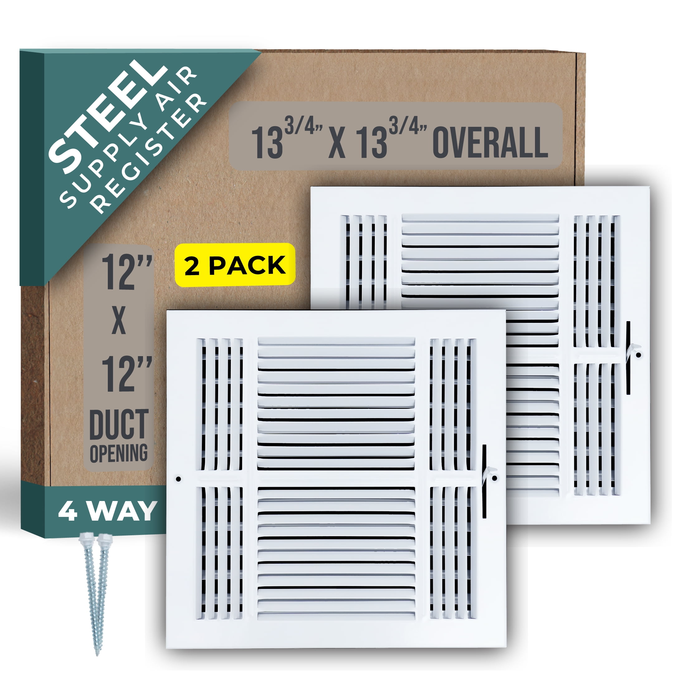 [2 Pack] Fits 12x12 Duct Opening 4 WAY Steel Air Supply Diffuser by ...