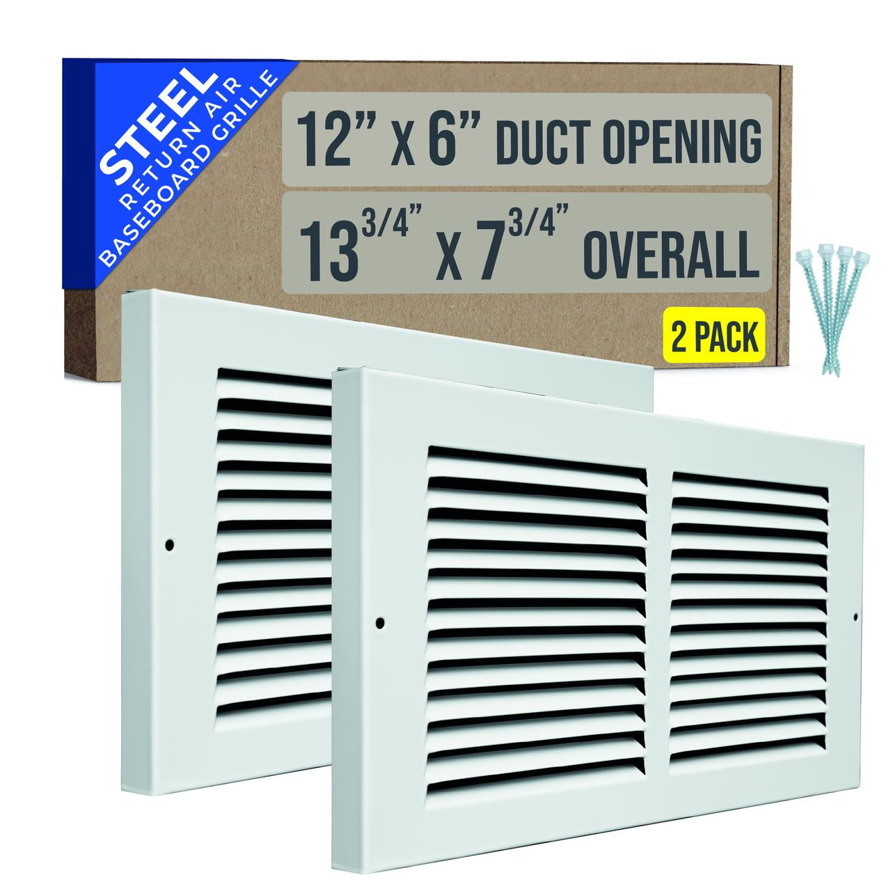 [2 Pack] Fits 12x6 Duct Opening | Steel Baseboard Return Air Grille by ...