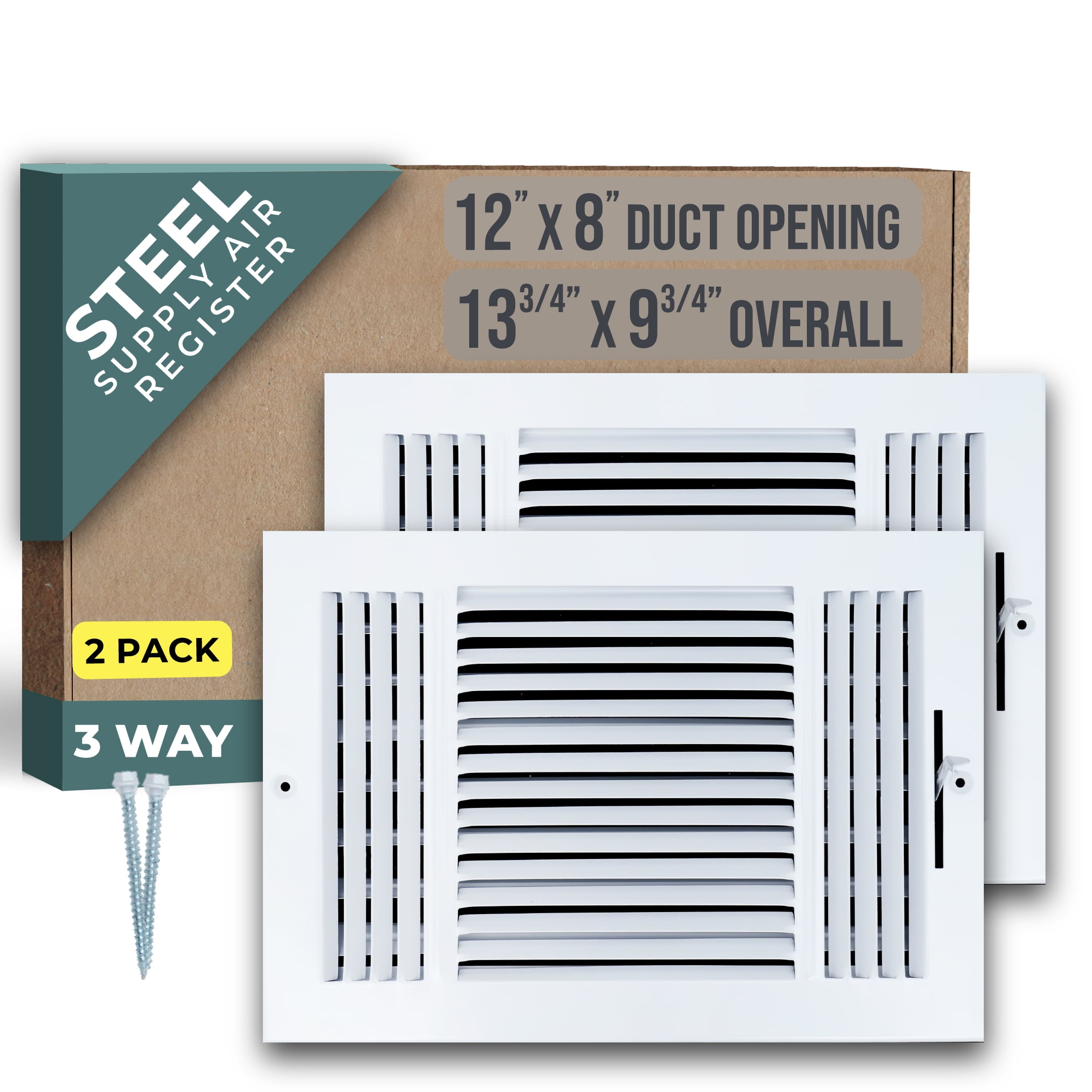 [2 Pack] Fits 12x8 Duct Opening 3 WAY Steel Air Supply Diffuser by ...
