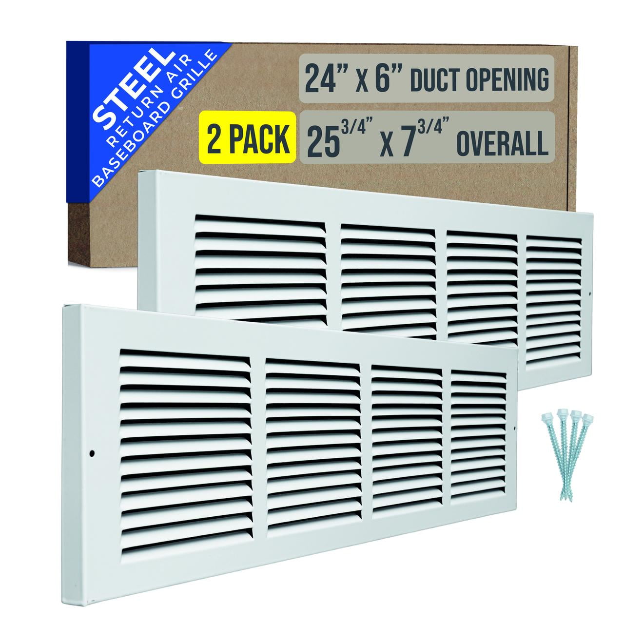 [2 Pack] Fits 24x6 Duct Opening | Steel Baseboard Return Air Grille by ...