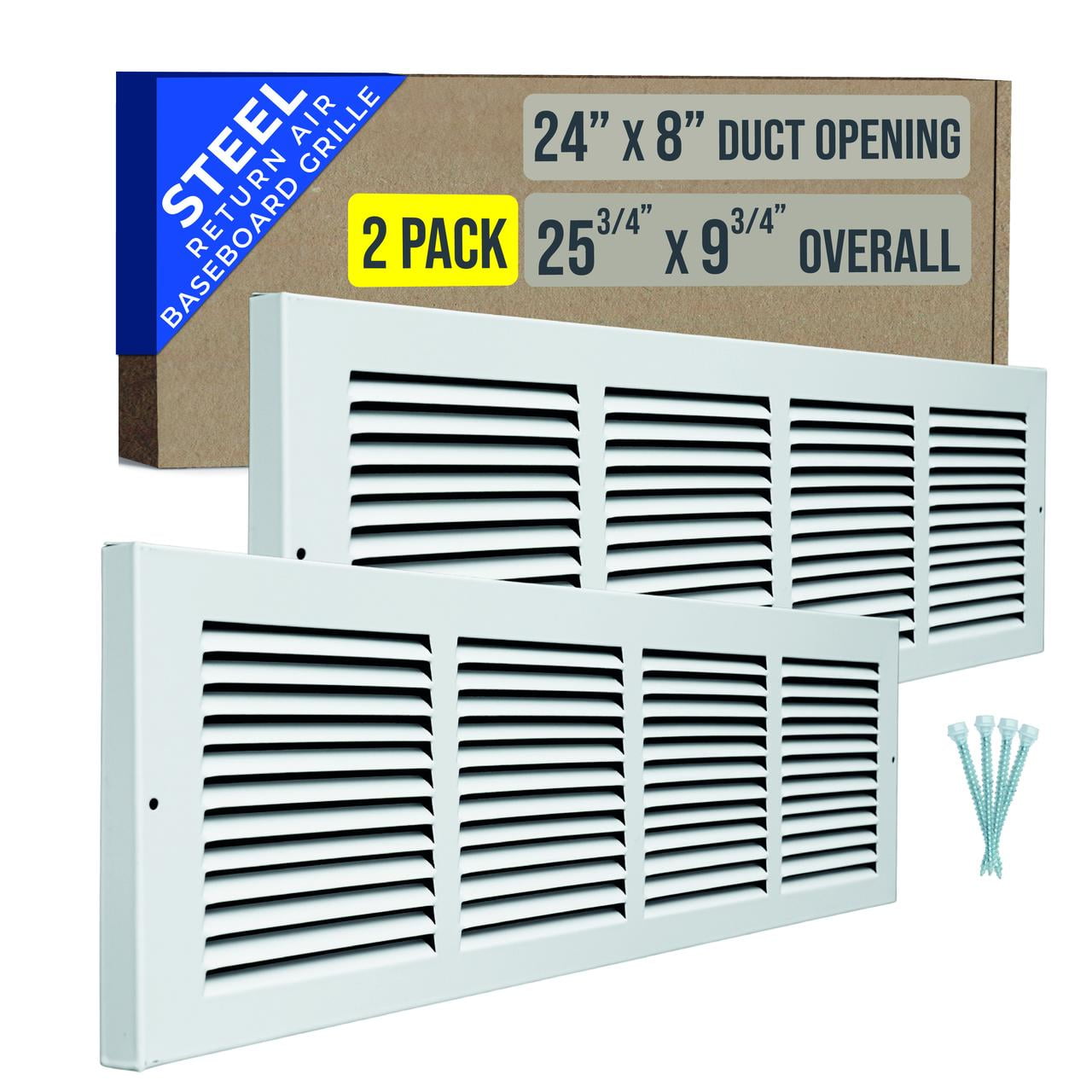 [2 Pack] Fits 24x8 Duct Opening | Steel Baseboard Return Air Grille by ...