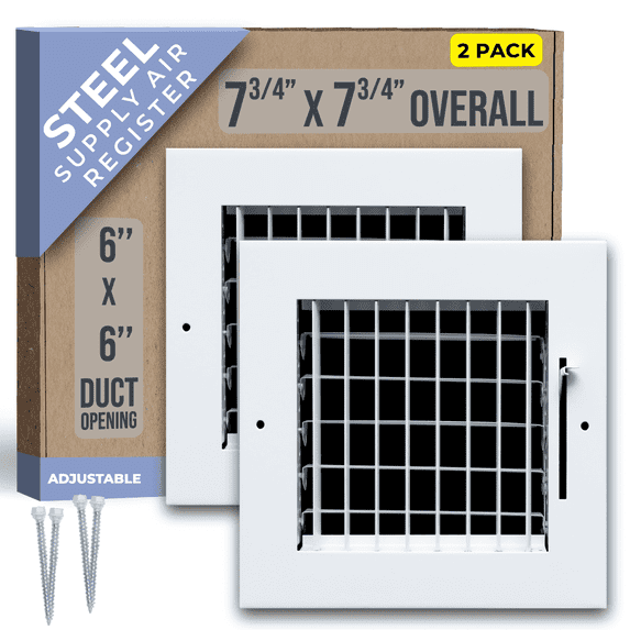 [2 Pack] Fits 6x6 Duct Opening Steel Adjustable Air Supply Grille by ...