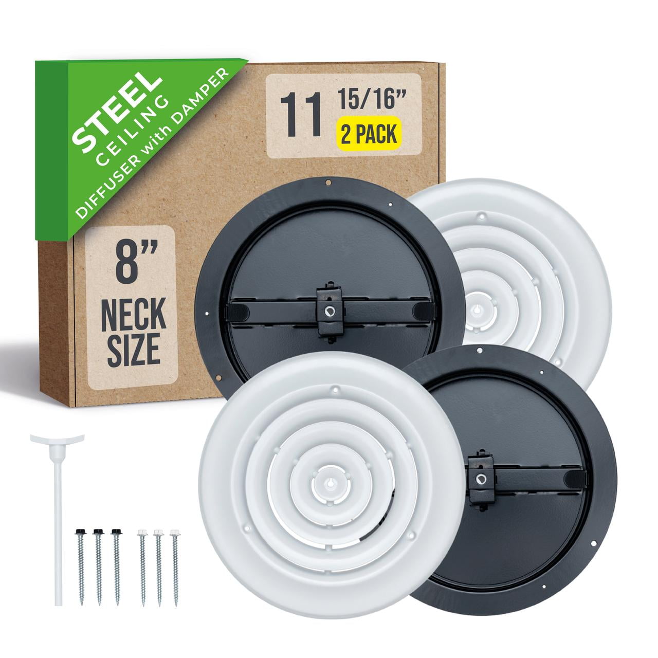[2 Pack] Fits 8 Inch Neck Air Duct | Steel Round Air Supply Diffuser ...