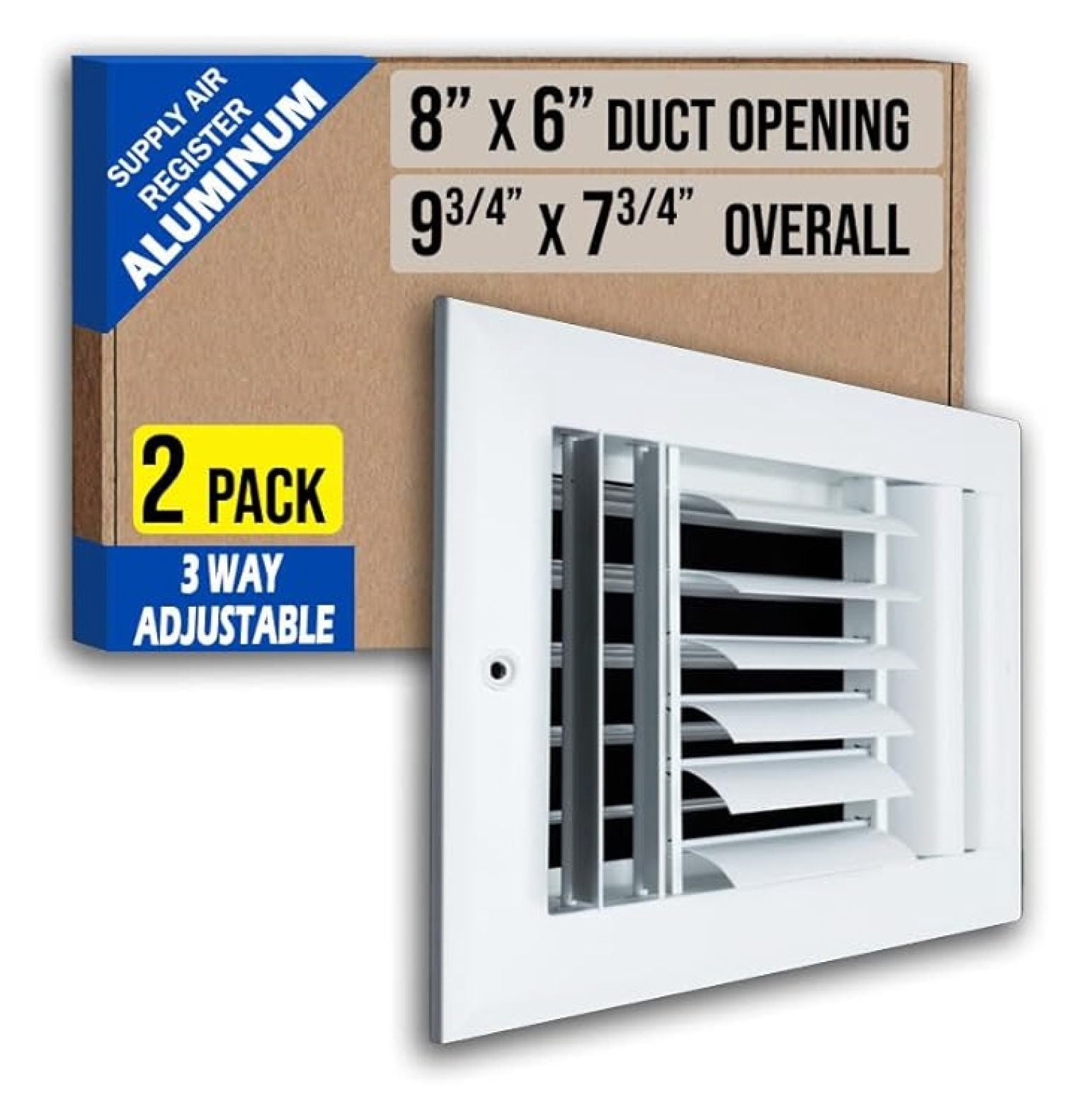 [2 Pack] Fits 8x6 Duct Opening Aluminum 3-Way Adjustable Air Supply ...