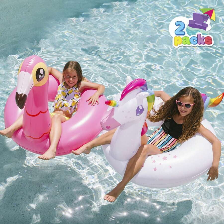 2-Pack Flamingo Unicorn Pool Float - Fun Beach Floaties, Inflatable Swimming Pool Tubes Party ...