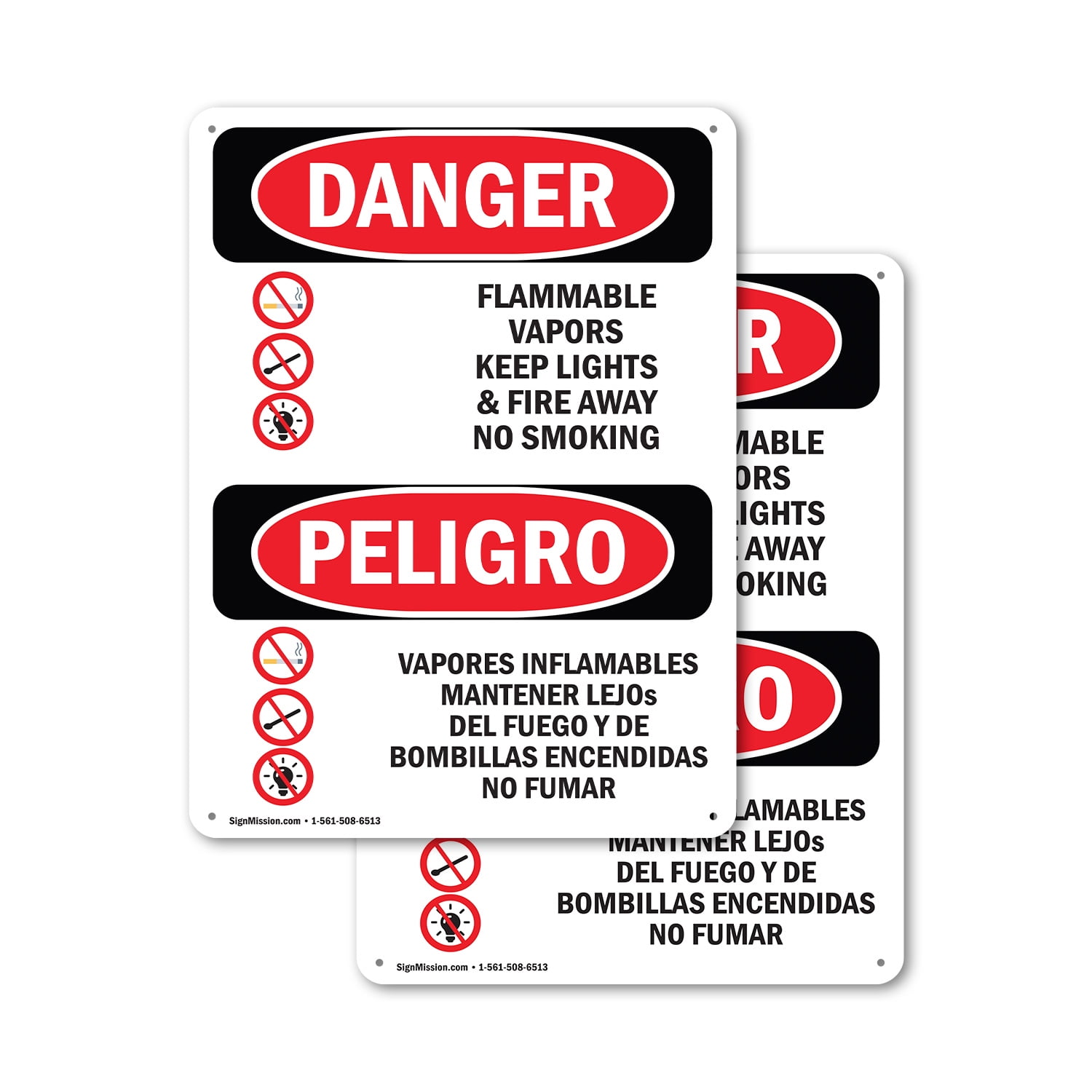 (2 Pack) Flammable Vapors Keep Fire Away Bilingual OSHA Danger Sign 7 ...